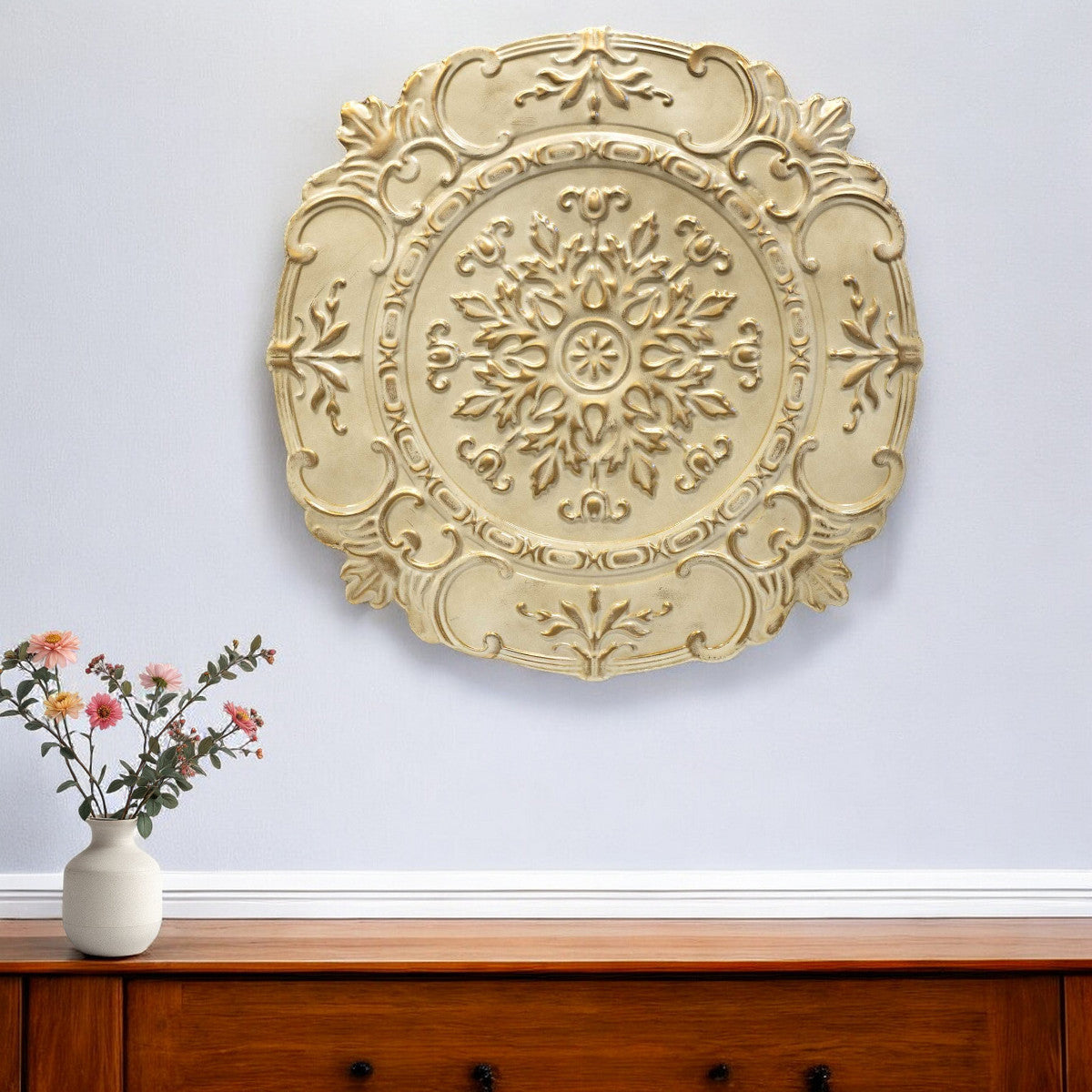 Distressed White European Medallion Metal Wall Decor — Wallhogs
